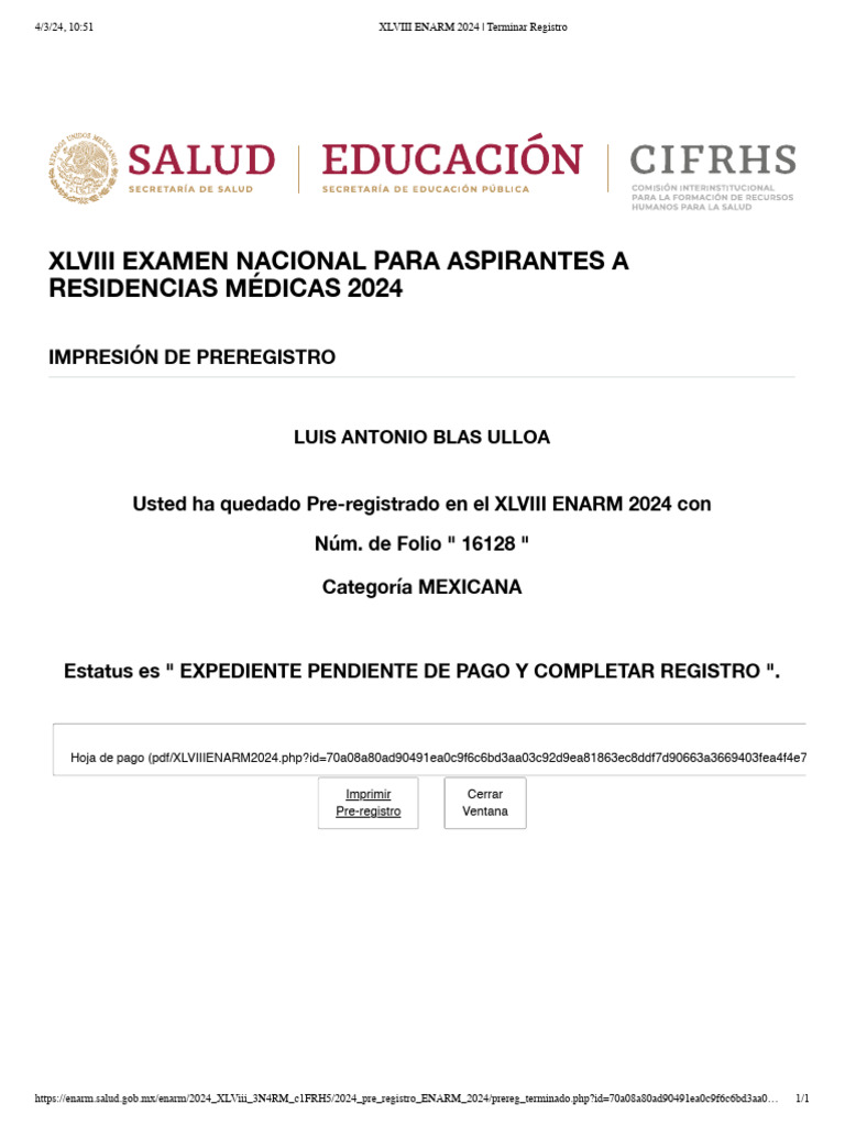 Registro XLVIII ENARM 2024 | PDF