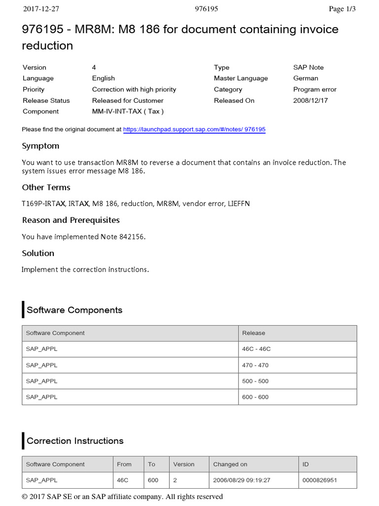 SAP Note 976195 MR8M M8 186 For Document Containing Invoice | PDF ...