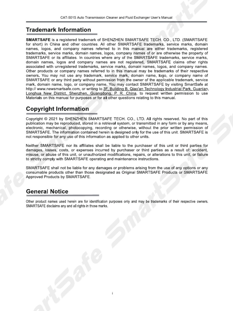 SmartSafe ATF501 Auto Transmission Cleaner and Fluid Exchanger User's ...