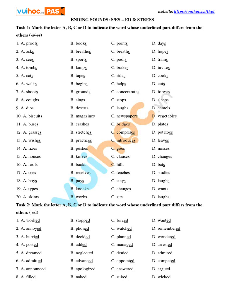 (LUYỆN TẬP - VN) ENDING SOUNDS (s, es, ed) & STRESS | PDF