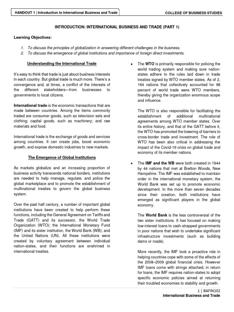Handout 1.0 - Introduction To International Business and Trade (Part 1 ...