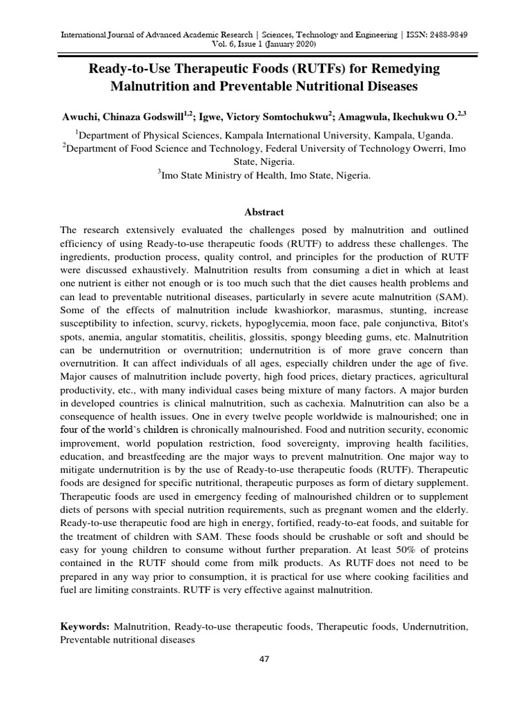 Ready To Use Therapeutic Foods RUTFs For | PDF | Malnutrition | Diarrhea