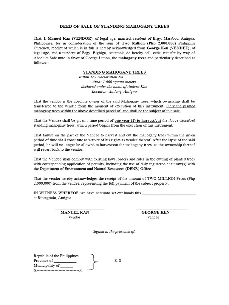 DEED OF SALE OF STANDING MAHOGANY TREES | PDF