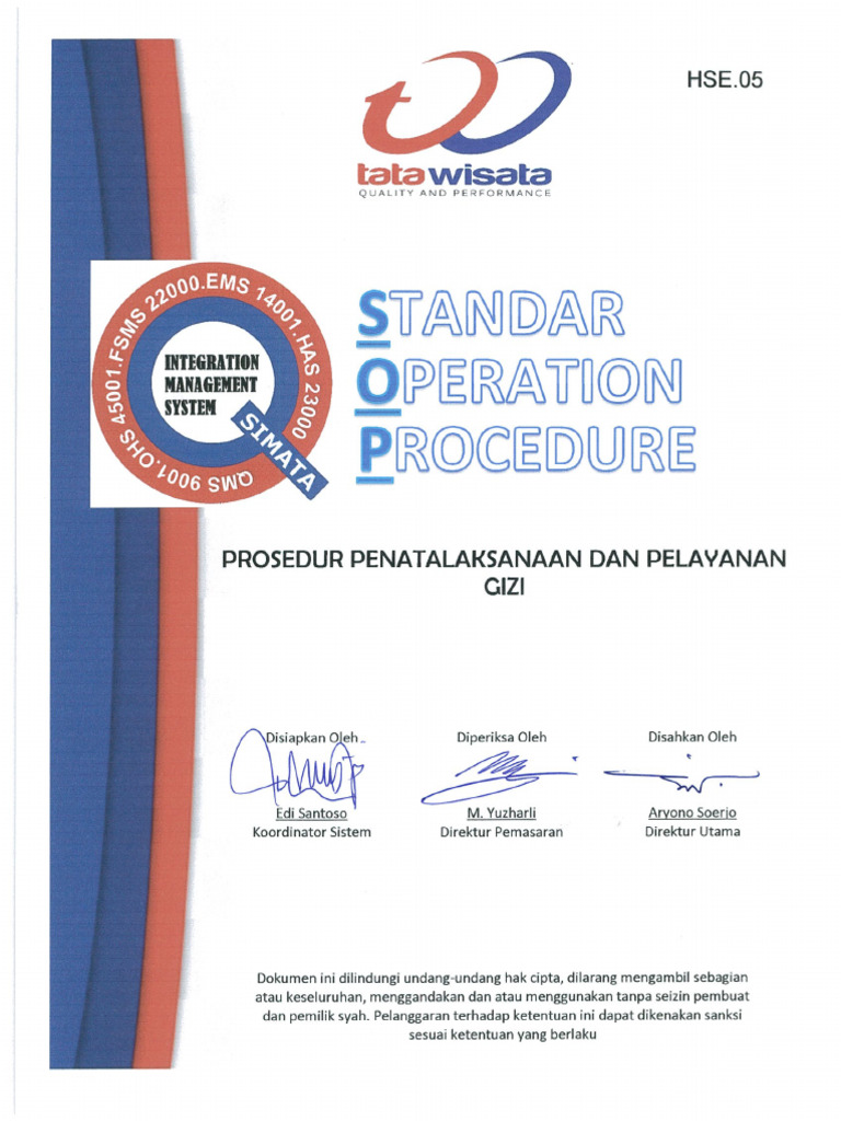 SOP HSE 05 Prosedur Penatalaksanaan & Pelayanan Gizi | PDF