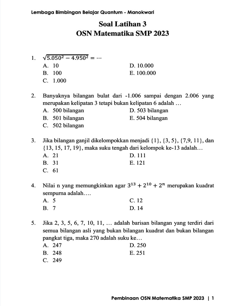 PDF Soal Latihan 3 Osn Matematika SMP 2023 - Compress | PDF