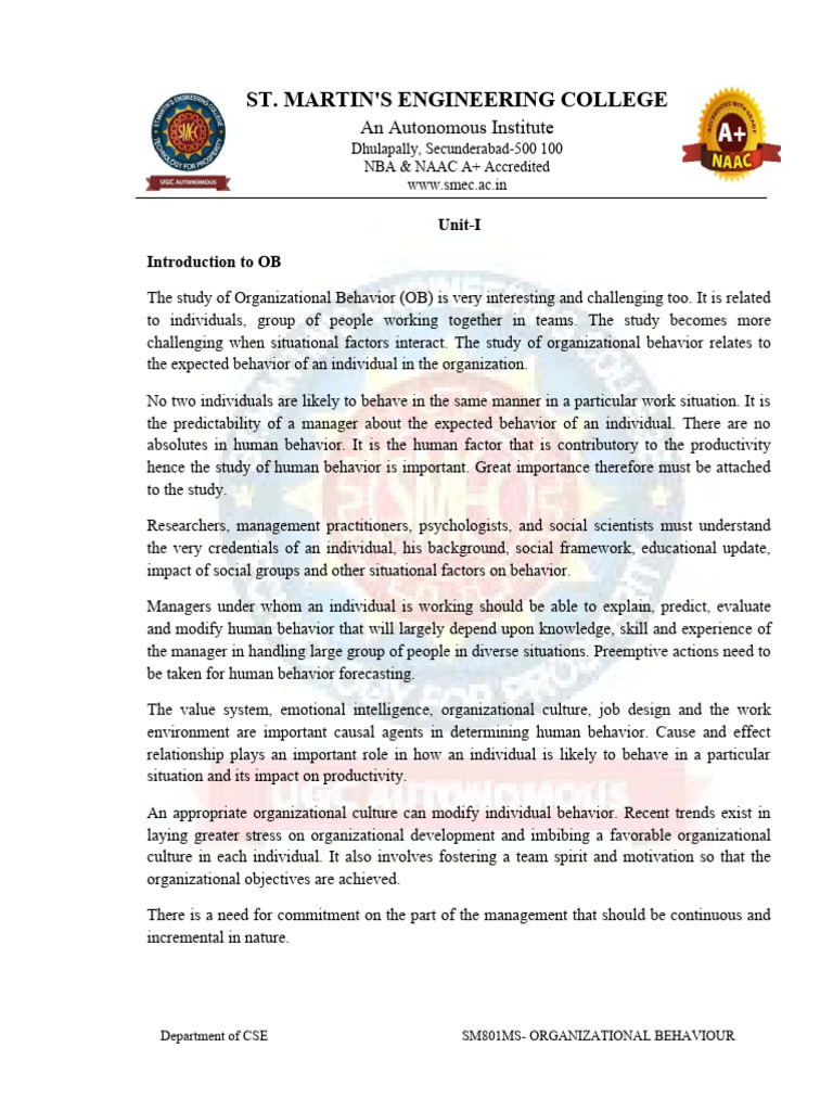 Ob Full Notes Pdf Organizational Behavior Organizational Culture