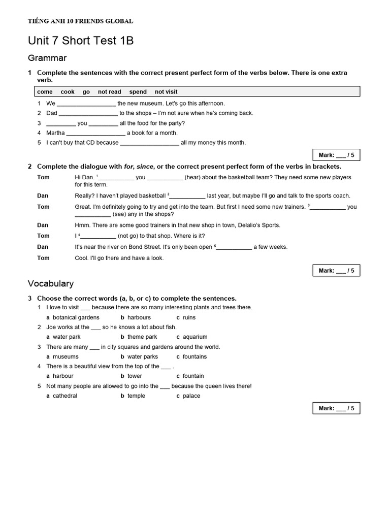 U7 Short Test 1b Pdf Linguistics Grammar
