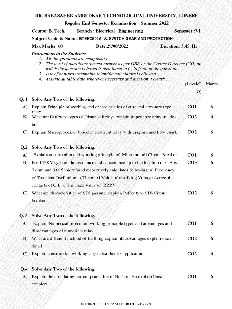 Btech Ee 6 Sem Switch Gear and Protection Bteec605a Aug 2022 | PDF