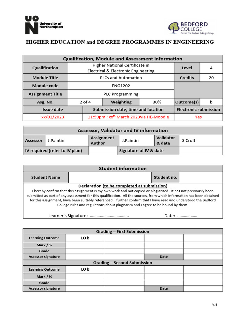 UoN PLCs and Automation Assignment 2-22-23-Ver1 | PDF | Programmable ...