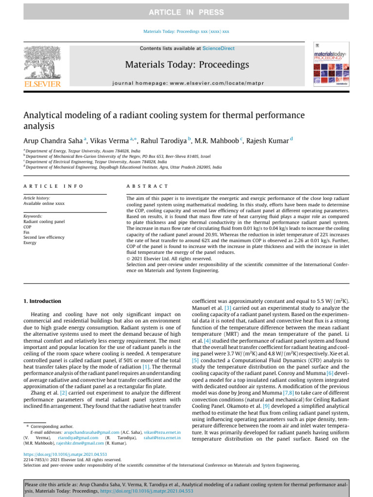 Materials Today: Proceedings: Arup Chandra Saha, Vikas Verma, Rahul Tarodiya, M.R. Mahboob ...