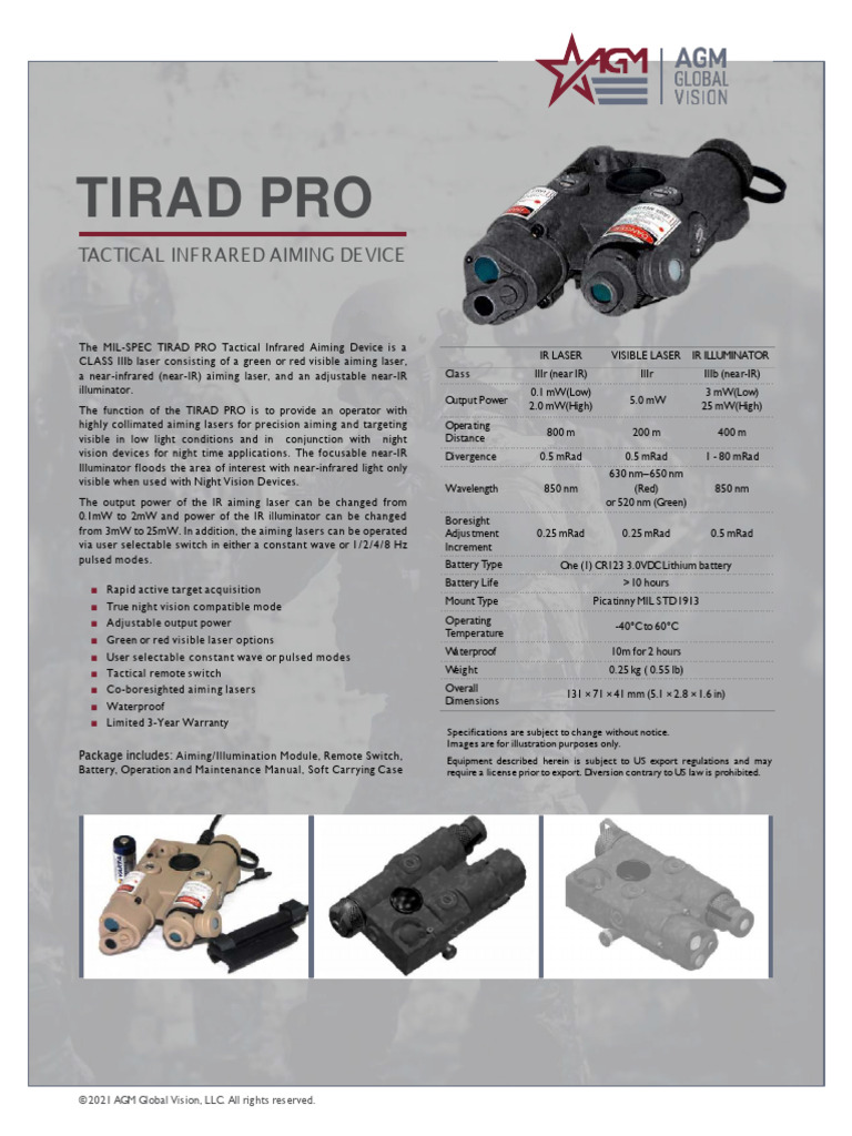 AGM - TIRAD-PRO Tactical IR Aiming Device Datasheet | PDF | Infrared | Laser