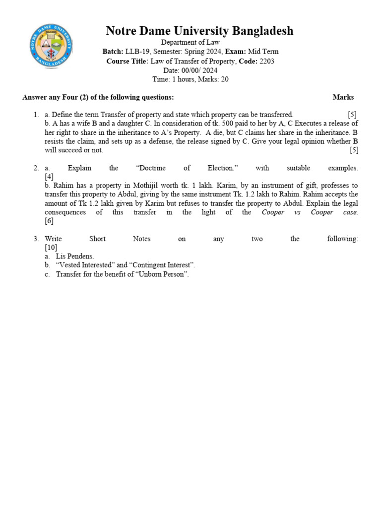 Notre Dame University Bangladesh: Batch: LLB-19, Semester: Spring 2024 ...