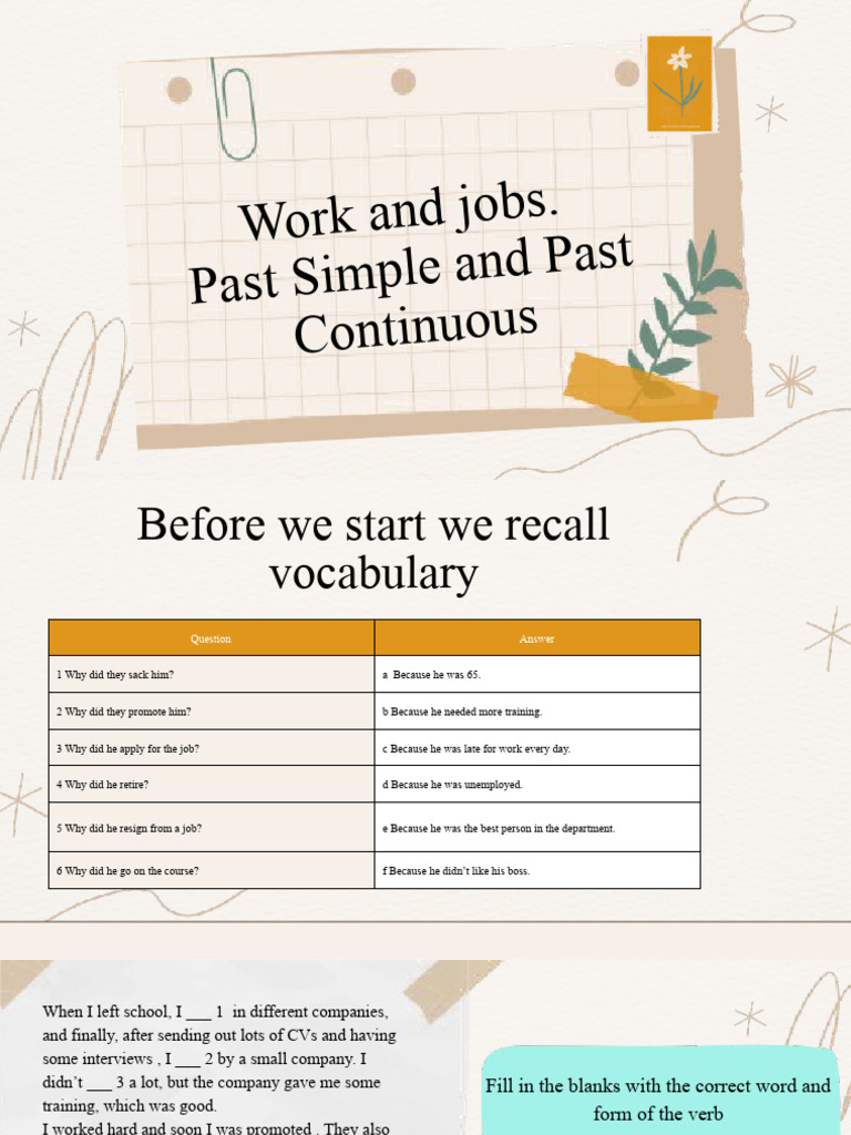 Work and Jobs. Past Simple and Past Continuous | PDF | Linguistics ...