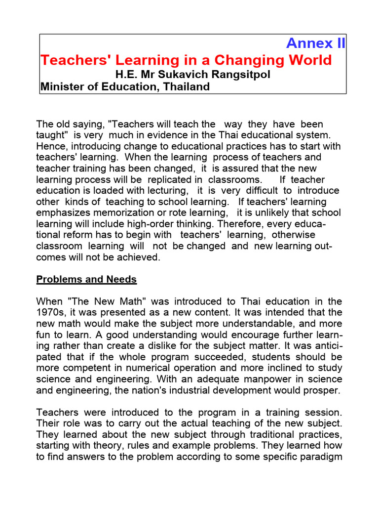 His Excellency Sukavich Rangsitpol's. Teacher Learning in Changing ...