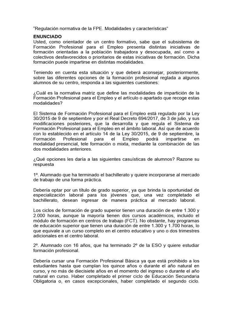 Tema 1. Apartado 1.3.3. Regulación Normativa de La FPE. Modalidades y Características | PDF