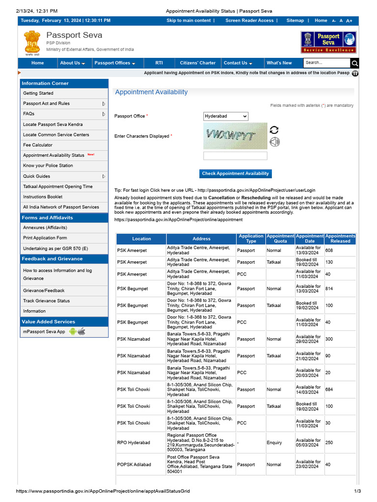 Appointment Availability Status - Passport Seva | PDF | Government And Personhood | Government