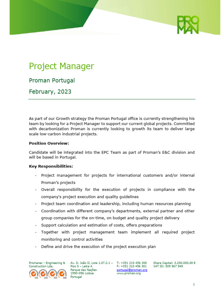 PROMAN-PT_Project-Manager_job-description-1 | PDF | Project Management ...