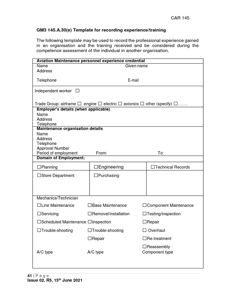 Car 145 Template For Recording Experience | PDF | Nondestructive ...