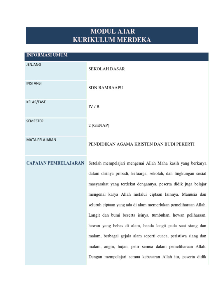 Modul Ajar Pak Kelas 4 2024 | PDF