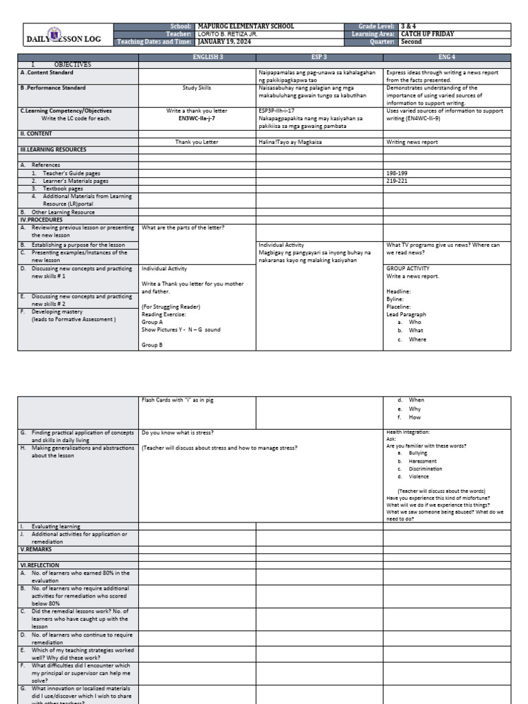 Catch - Up DLP 01-19 | PDF | Teachers | Learning