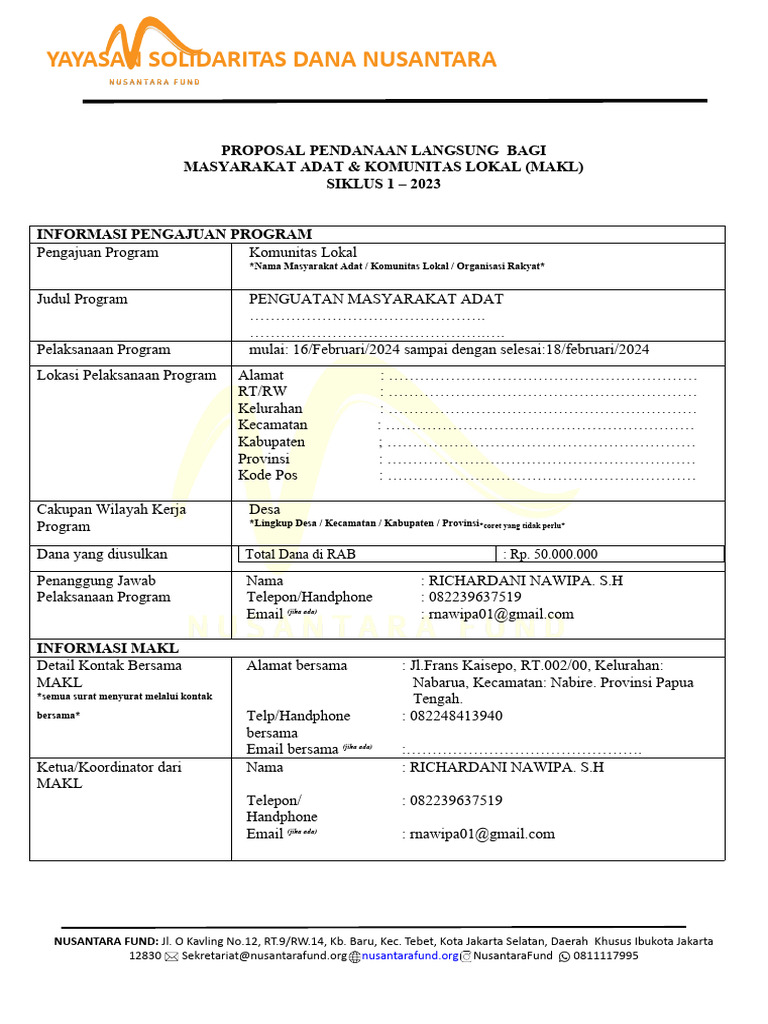 Formulir-A1-Proposal-Pendanaan-Langsung - PLNF-Siklus-1-2023 DANI 2 | PDF