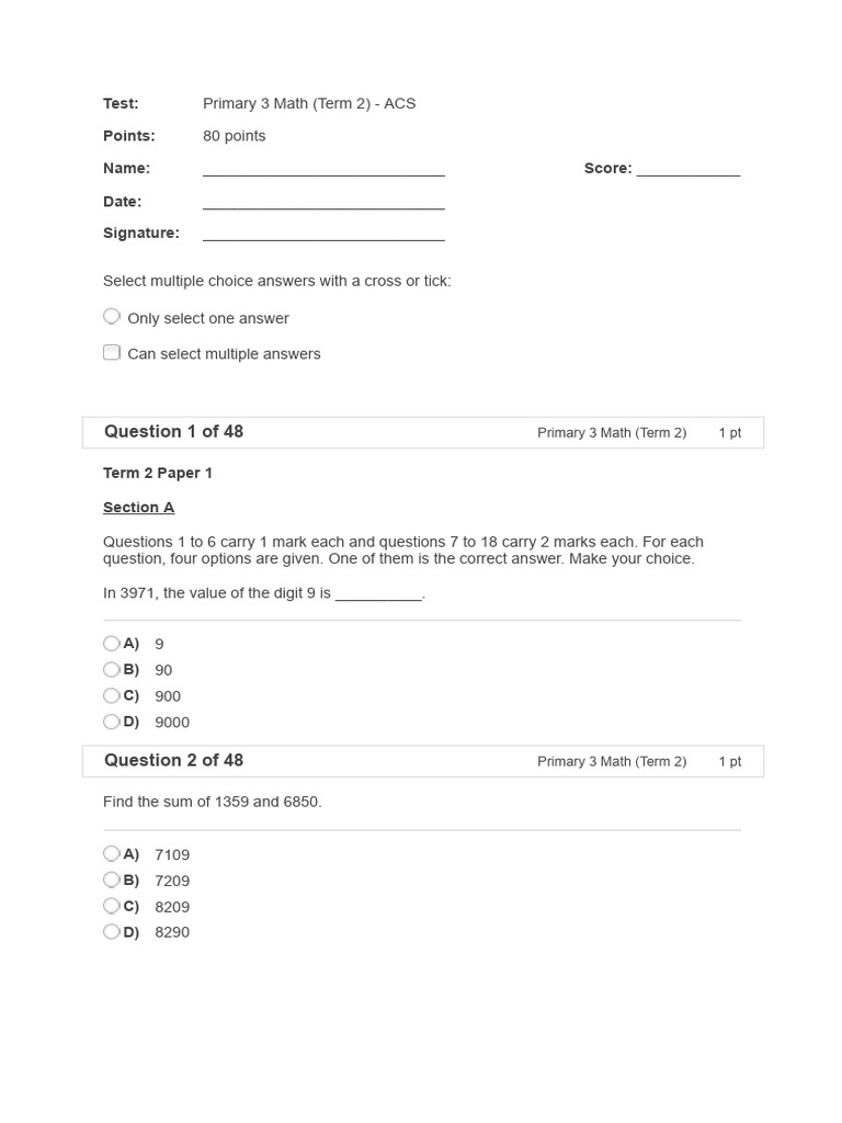 Primary 3 Math 2nd Term | PDF | Motorcycle | Multiple Choice