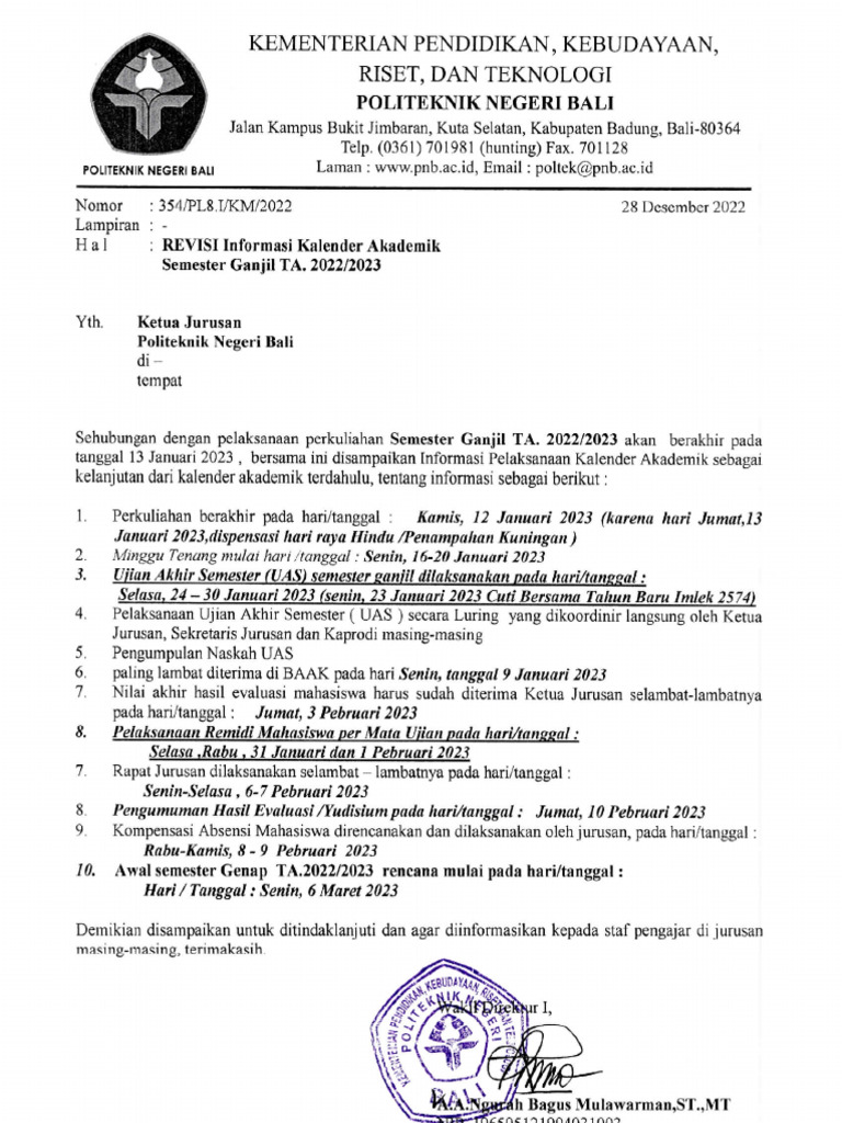 Revisi Informasi Kalender Akademik Semester Ganjil Ta. 20222023 | PDF