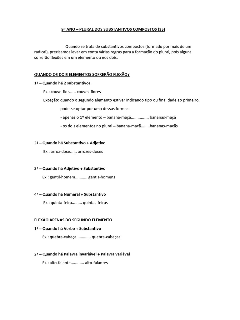 9º Ano - Plural Dos Substantivos Compostos | PDF | Substantivo | Plural