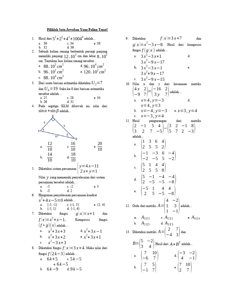 SOAL PSAJ MTK Kelas 12 + Kunci Jawaban | PDF