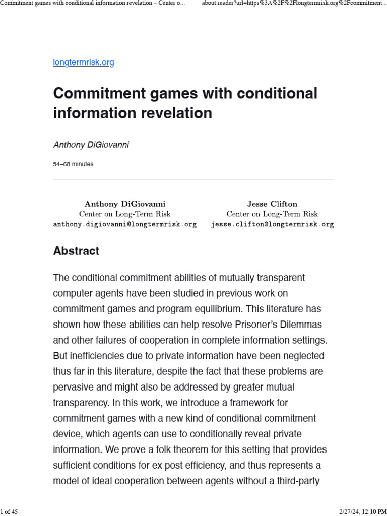 Commitment Games With Conditional Information Revelation - Di Giovanni | PDF | Mathematical And ...