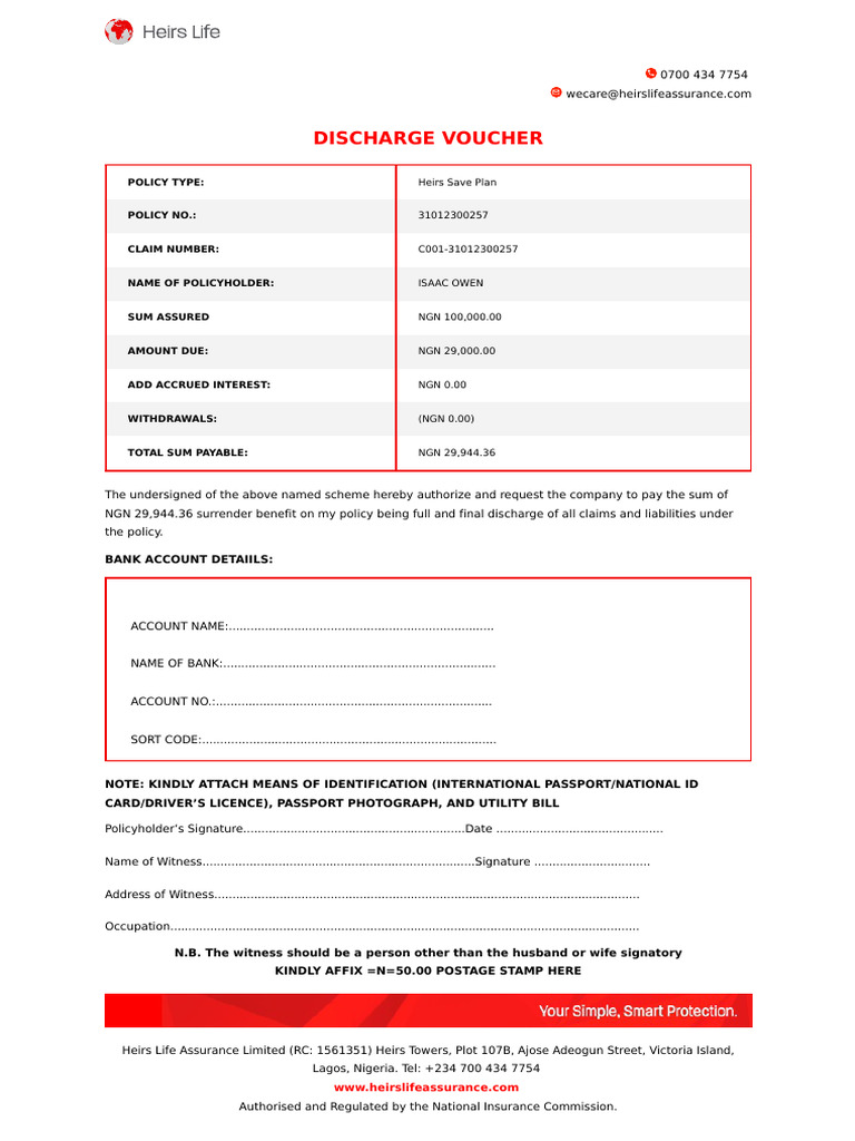 Discharge Voucher | PDF | Insurance | Life Insurance