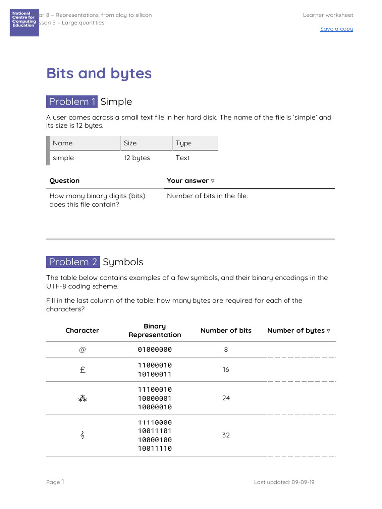 A2 Worksheet - Bits and Bytes | PDF | Bit | Byte