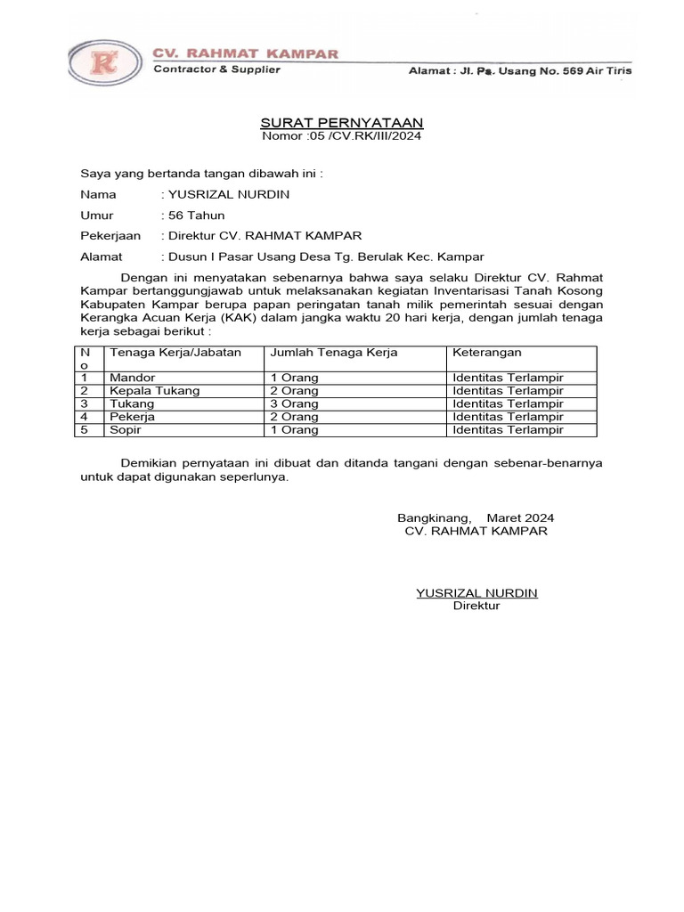 Pernyataan Tanggung Jawab CV Rahmat Kampar | PDF