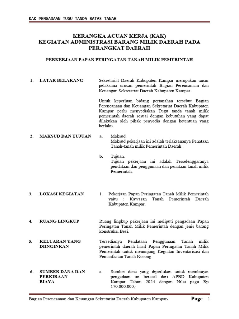 KAK PAPAN PERINGATAN 2024 Bagian Perencanaan Dan Keuangan Sekretariat Daerah Kabupaten Kampar | PDF