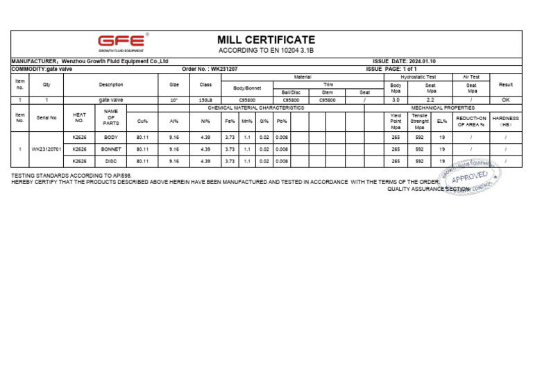 Gate Valve Mill Certificate EN 10204 | PDF | Valve | Continuum Mechanics