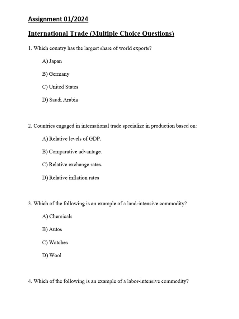 International Trade Multiple Choice Questions | PDF | Business