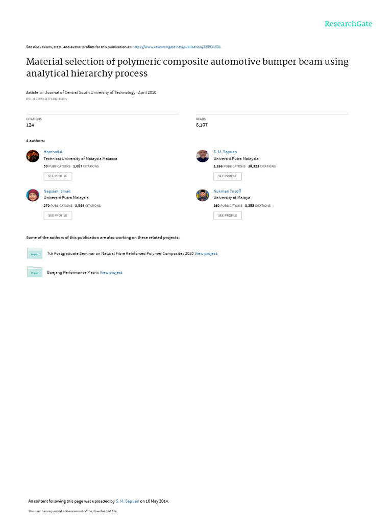 Material Selection of Polymeric Composite Automoti | PDF | Composite Material | Decision Making