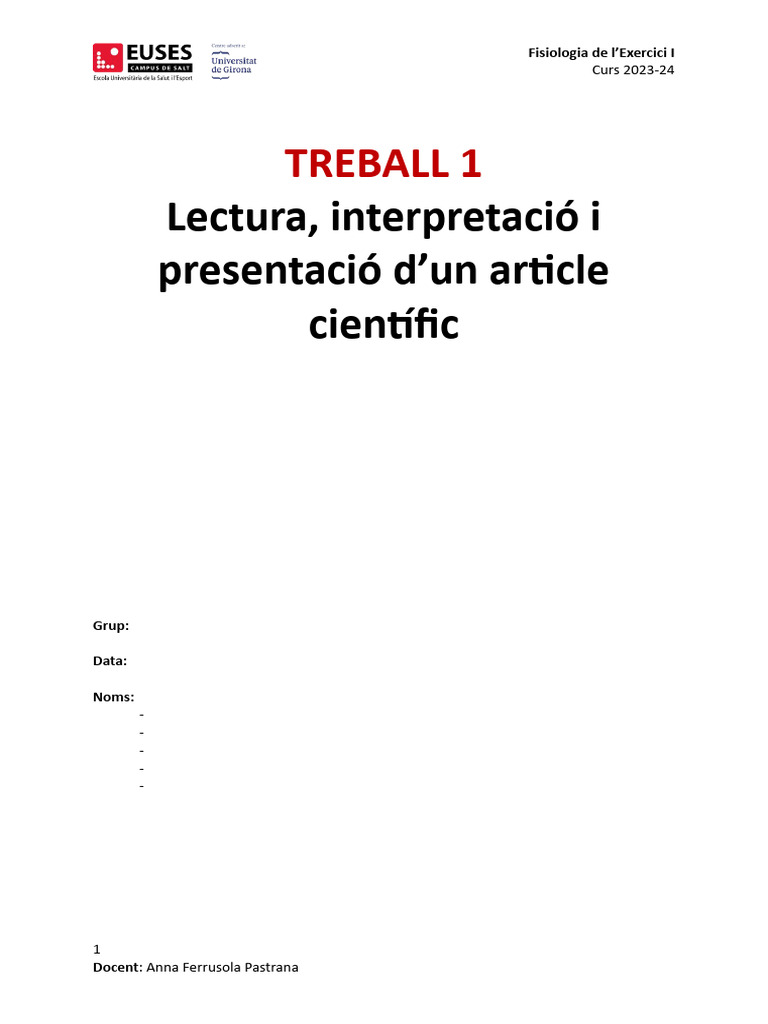 Treball 1. Fisiologia 2024 | PDF
