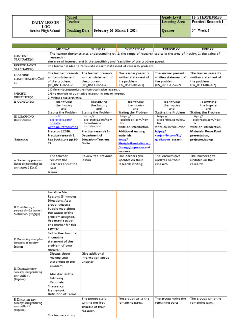 Practical Research I Lesson Plan | PDF | Learning | Human Communication