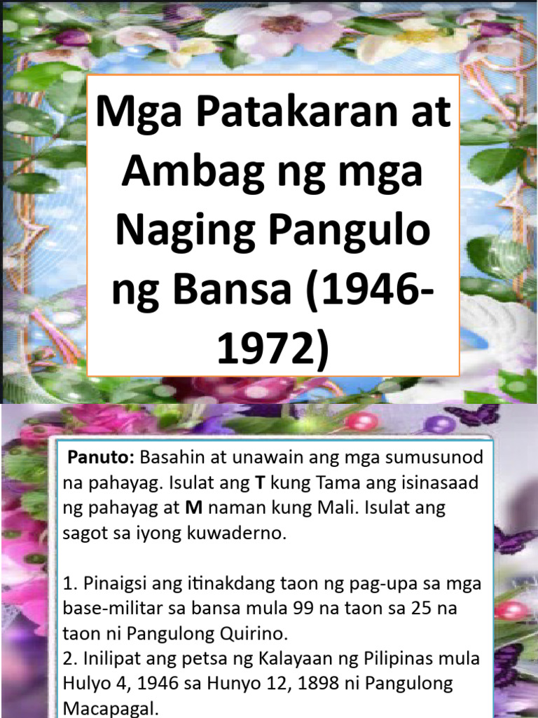 Mga Patakaran at Ambag NG Mga Naging Pangulo NG Bansa (1946-1972) | PDF