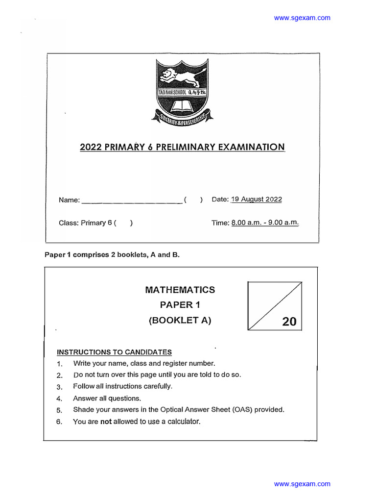 2022 P6 Maths Prelim Tao Nan | PDF