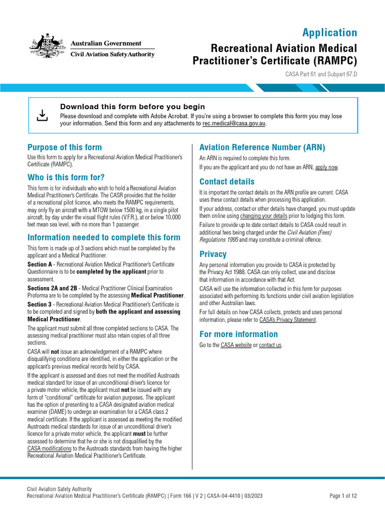 Recreational Aviation Medical Practitioners Certificate Form 166 | PDF ...