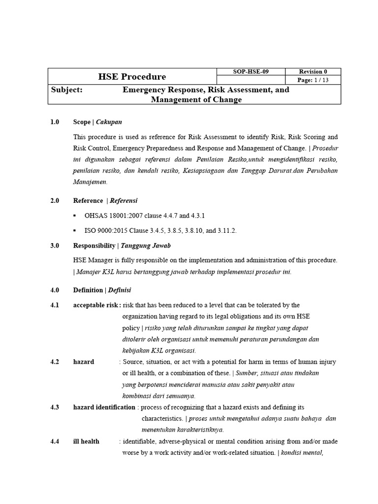 SOP-HSE-09 Rev 0 Emergency Response, Risk, MOC | PDF