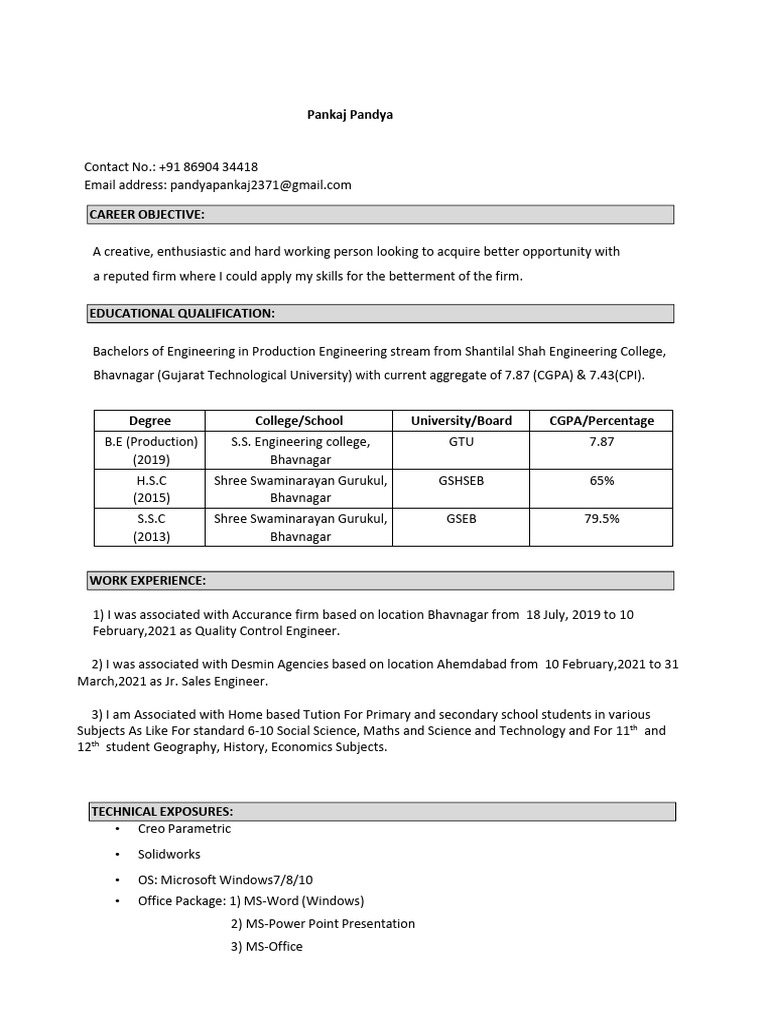 Pankaj Pandya's Resume Overview | PDF | Science
