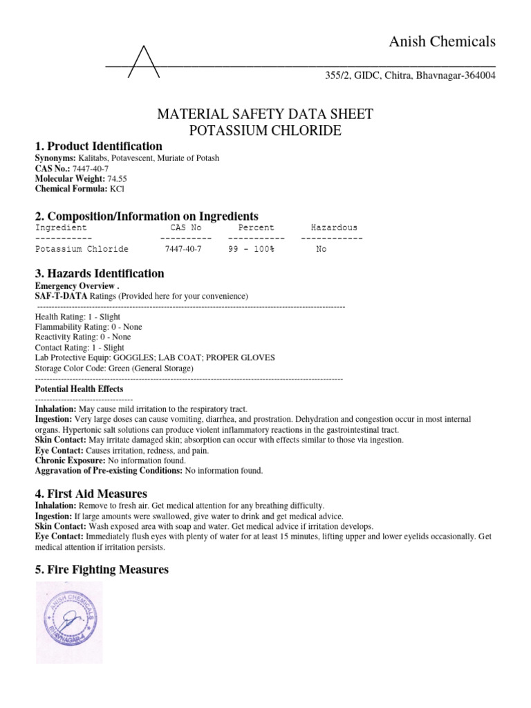 Potassium Chloride MSDS Overview | PDF | Personal Protective Equipment ...