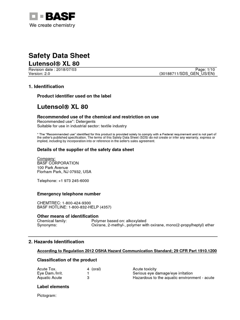 Lutensol XL 80 Msds | PDF | Toxicity | Working Conditions