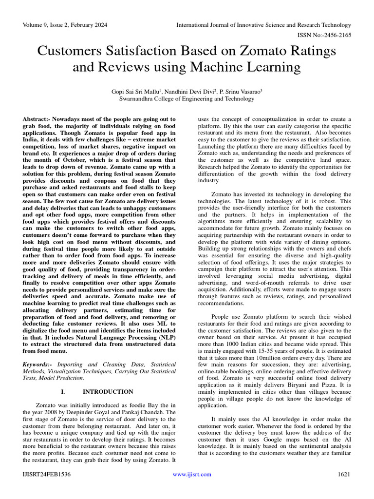 Customers Satisfaction Based On Zomato Ratings and Reviews Using Machine Learning | PDF ...