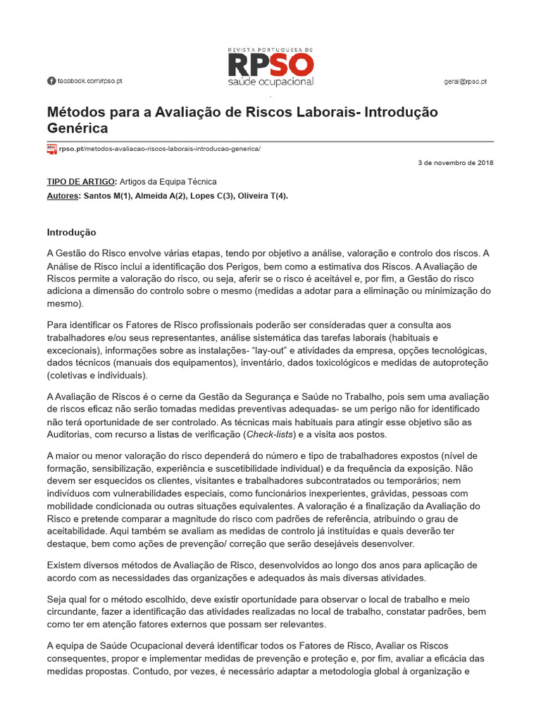 Métodos para a Avaliação de Riscos Laborais- Introdução Genérica | PDF ...