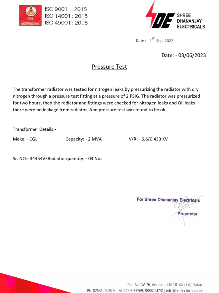Transformer Radiator Pressure Test Report | PDF | Technology & Engineering