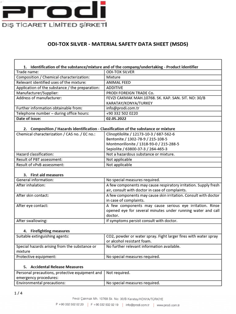 ODI-TOX SILVER (Toxin Binder) MSDS | PDF | Water | Solubility